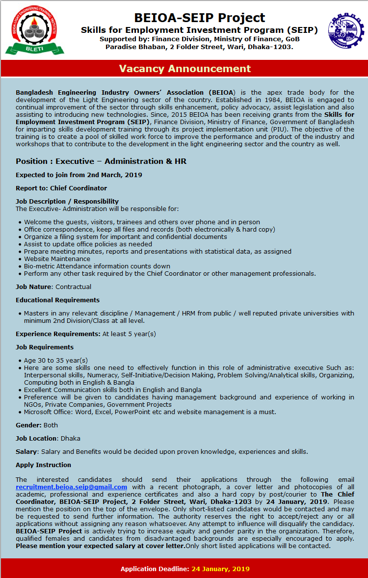 Recruitment Notice of Executive: Administration & HR, BEIOA - SEIP ...