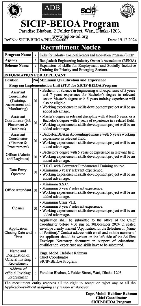 Recruitment Notice for various positions SICIP-BEIOA - SICIP | Skills for Industry ...