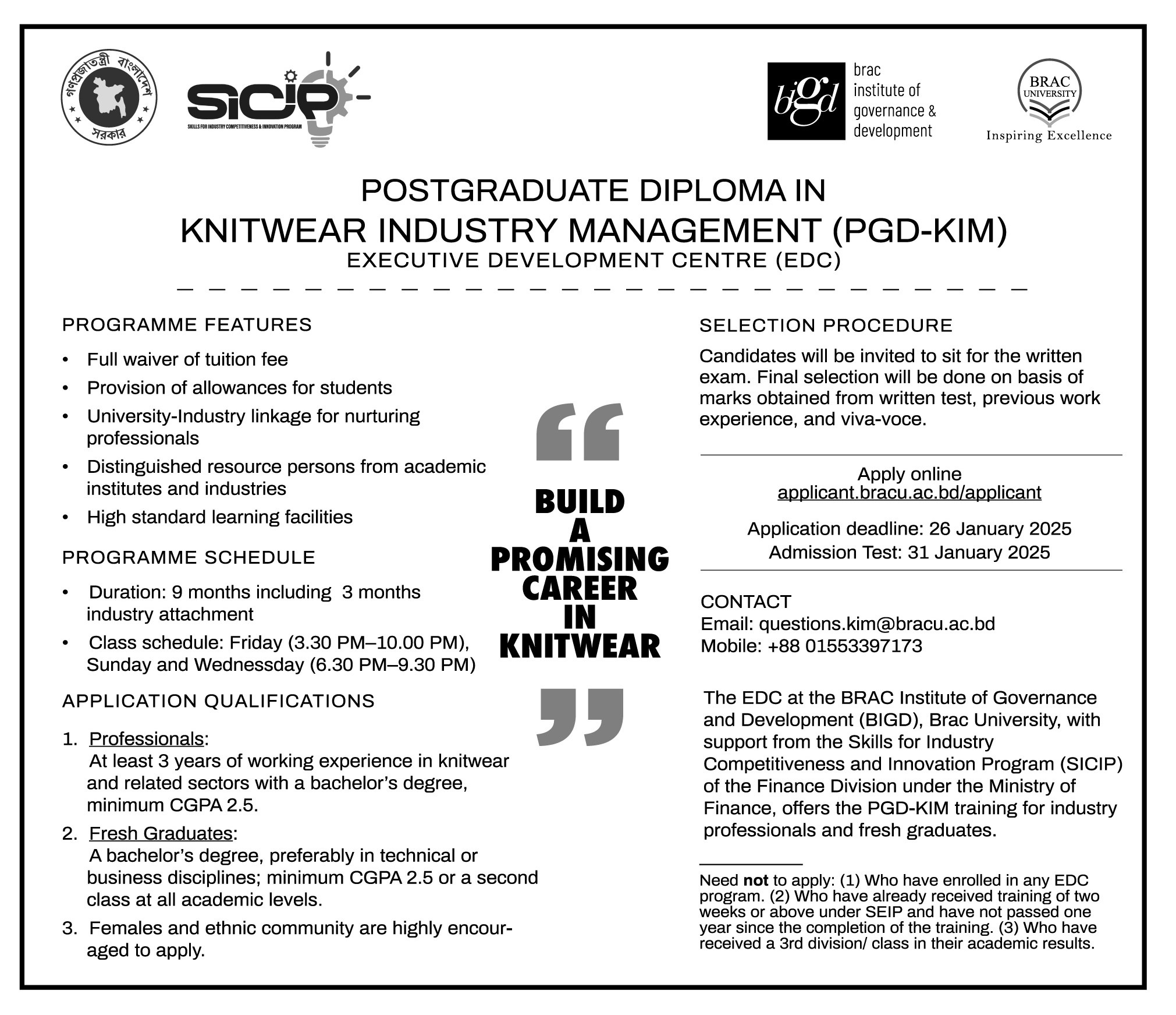 Admission circular for PGD-KIM (2nd intake) for SICIP-BRAC University ...